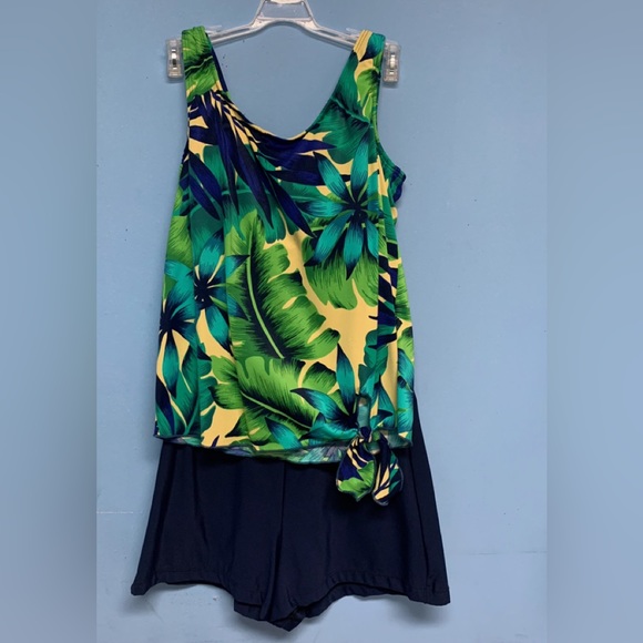 Ceeb | Swim | Top Pants Blouson Tankini Swimsuit Blue Green Leaves ...